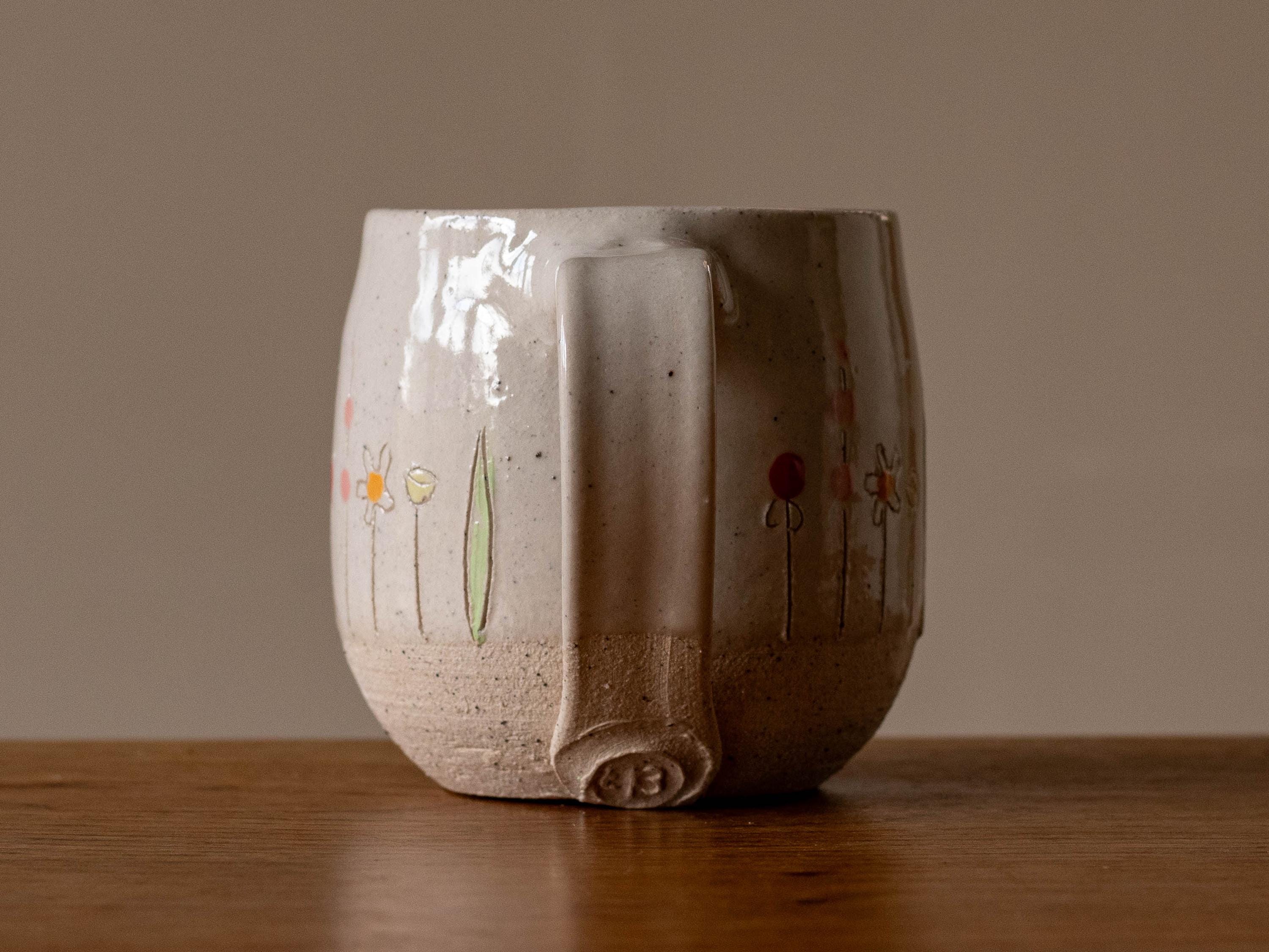 White Handmade Pottery Mug With Midsummer Flower Design - Etsy