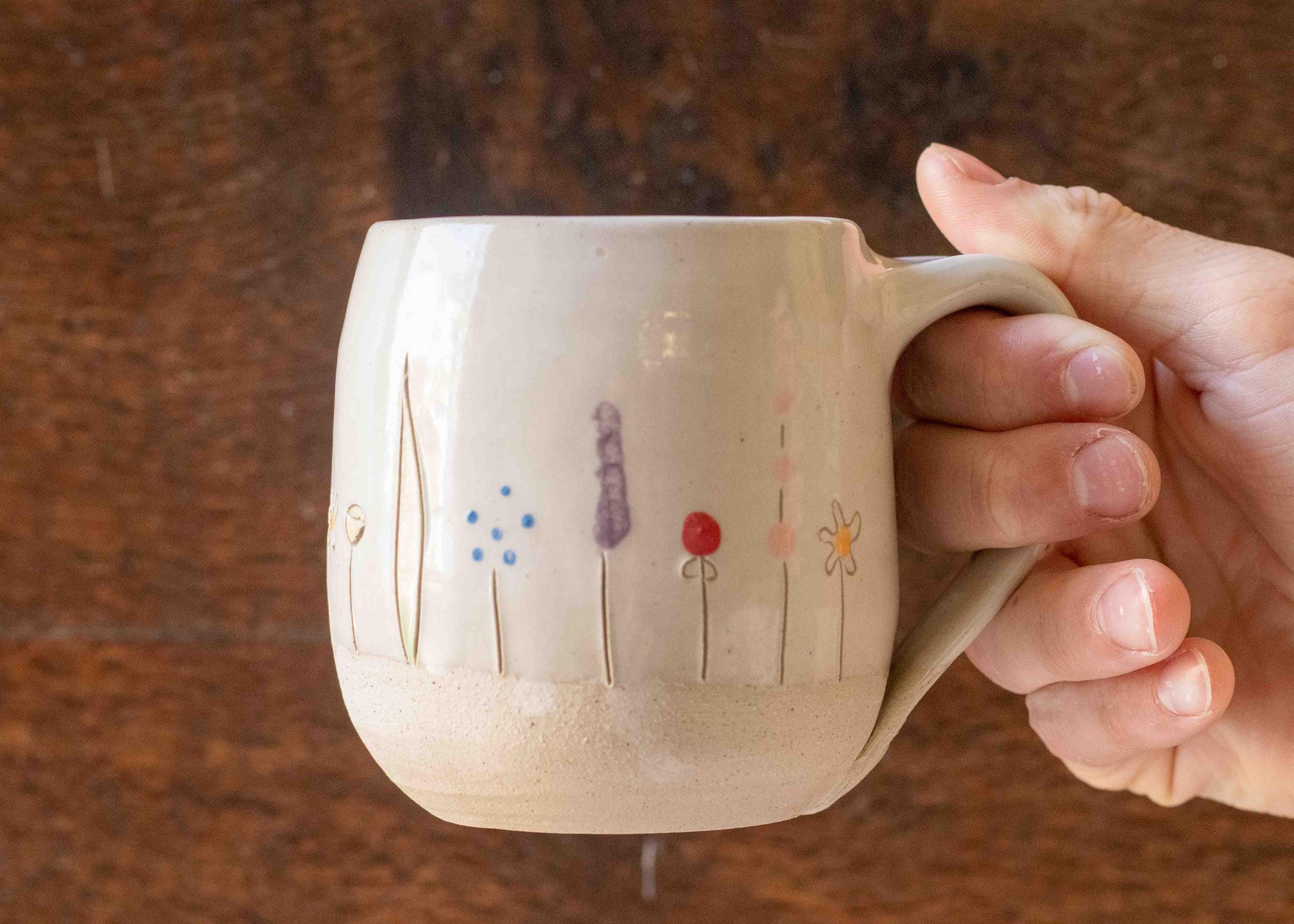 White Handmade Pottery Mug With Midsummer Flower Design - Etsy