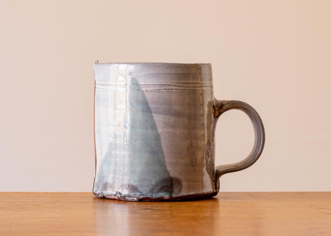 Small White Handmade Japandi Style Pottery Mug With Pale Turquoise and ...