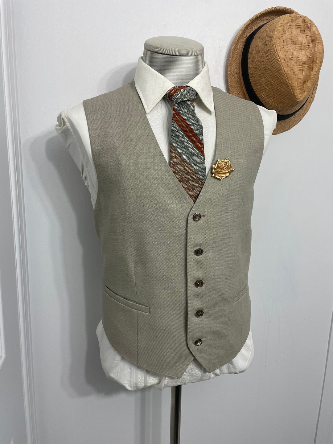 1960s / Trad Vintage Wool Blend Beige Cream Slanted Vest Waistcoat ...