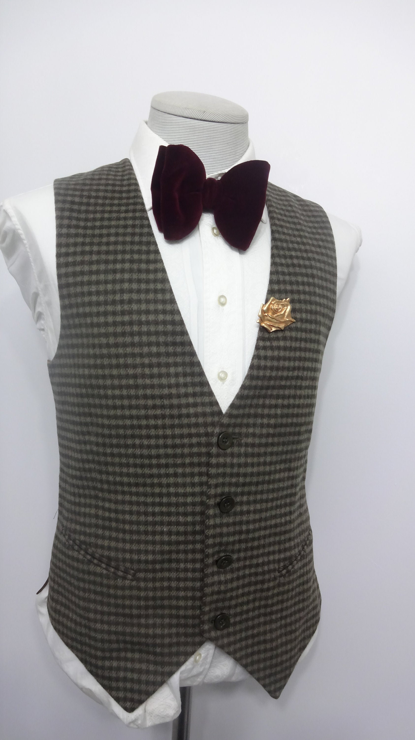 1970s Edwardian Olive Green Wool and Cashmere Checkers Vest Waistcoat ...