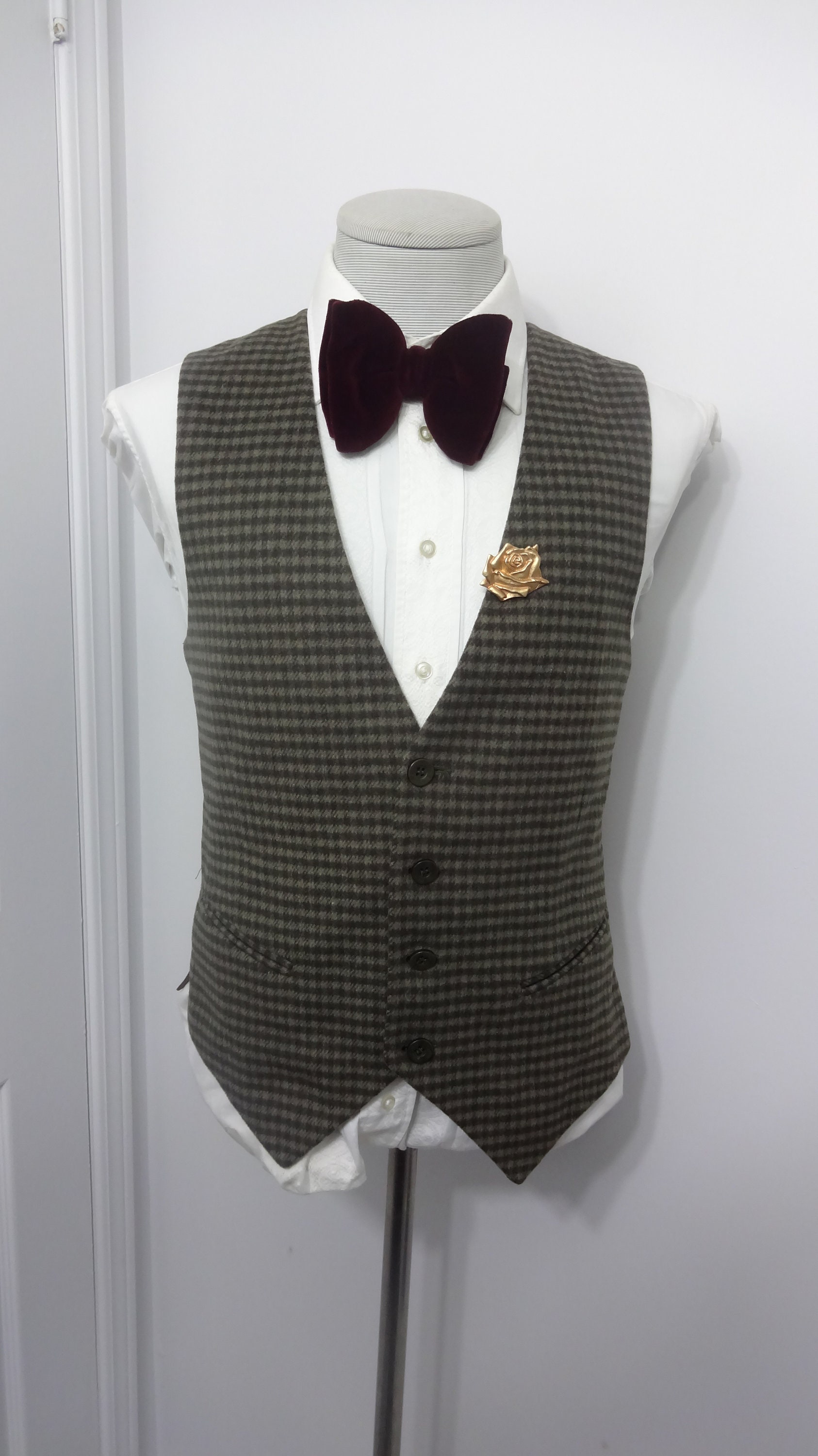 1970s Edwardian Olive Green Wool and Cashmere Checkers Vest Waistcoat ...