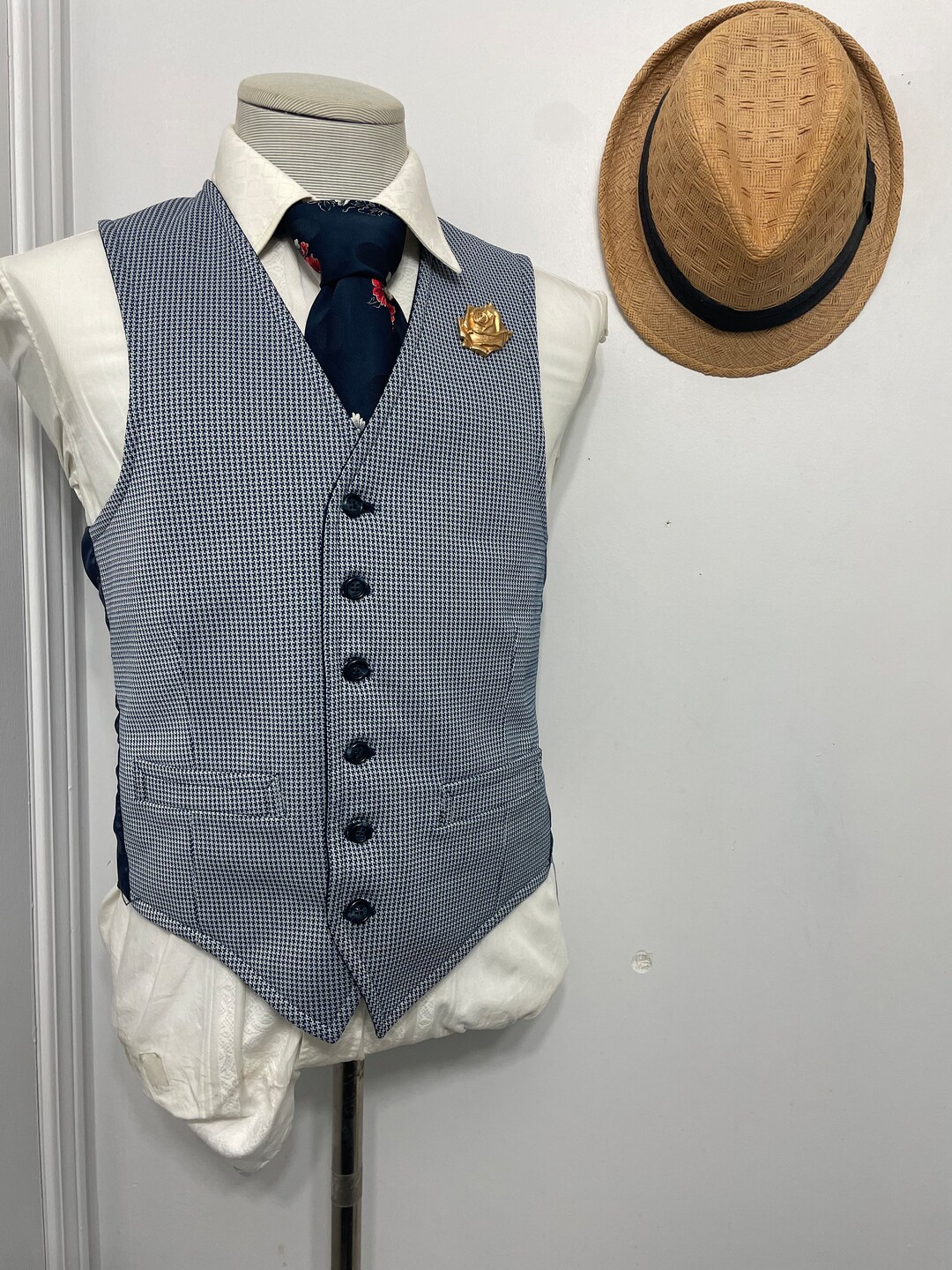 Rare Vintage Reversible Blue Wool Houndtooth Plain Wool Vest Mens Suit ...