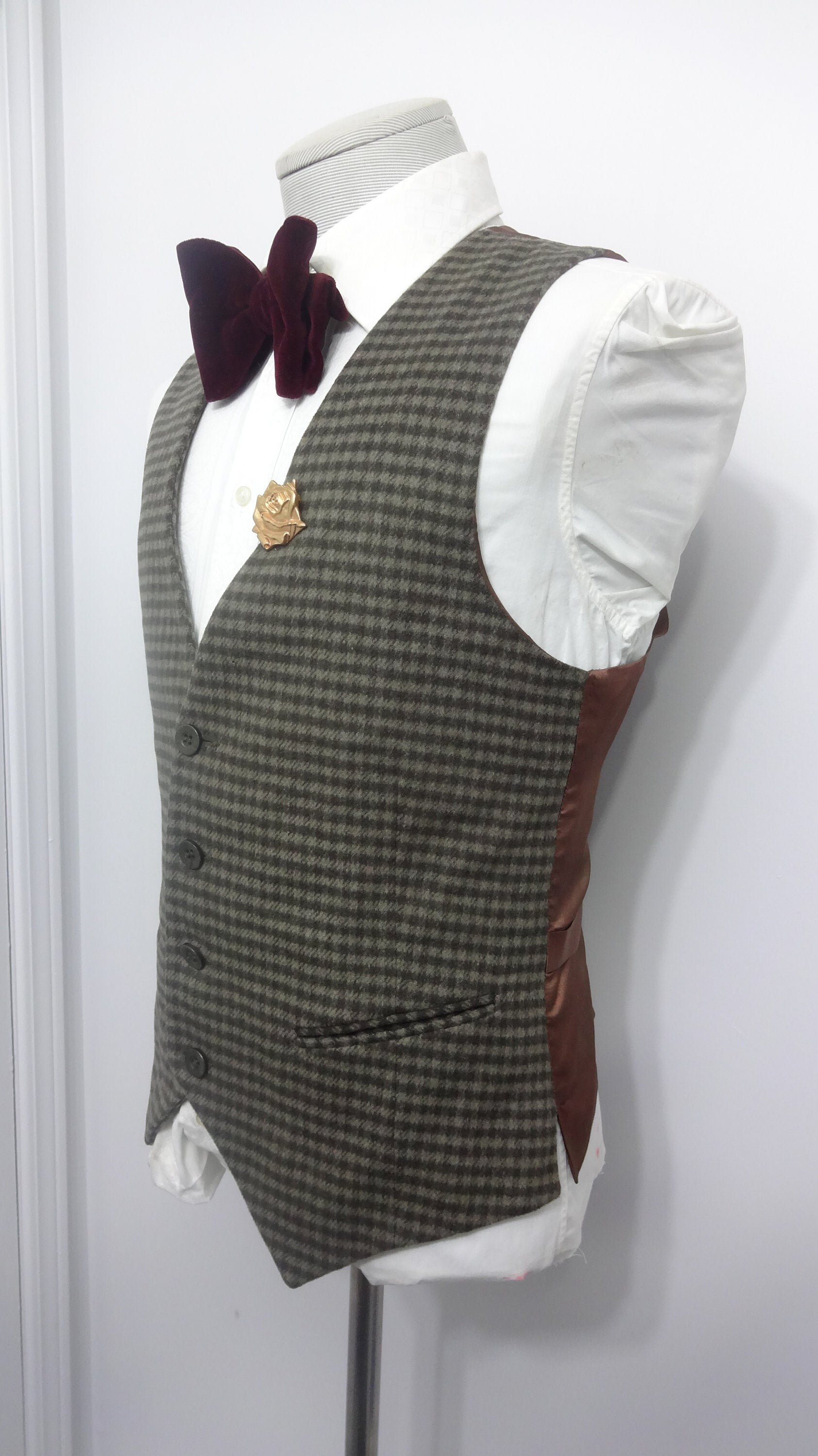 1970s Edwardian Olive Green Wool and Cashmere Checkers Vest Waistcoat ...