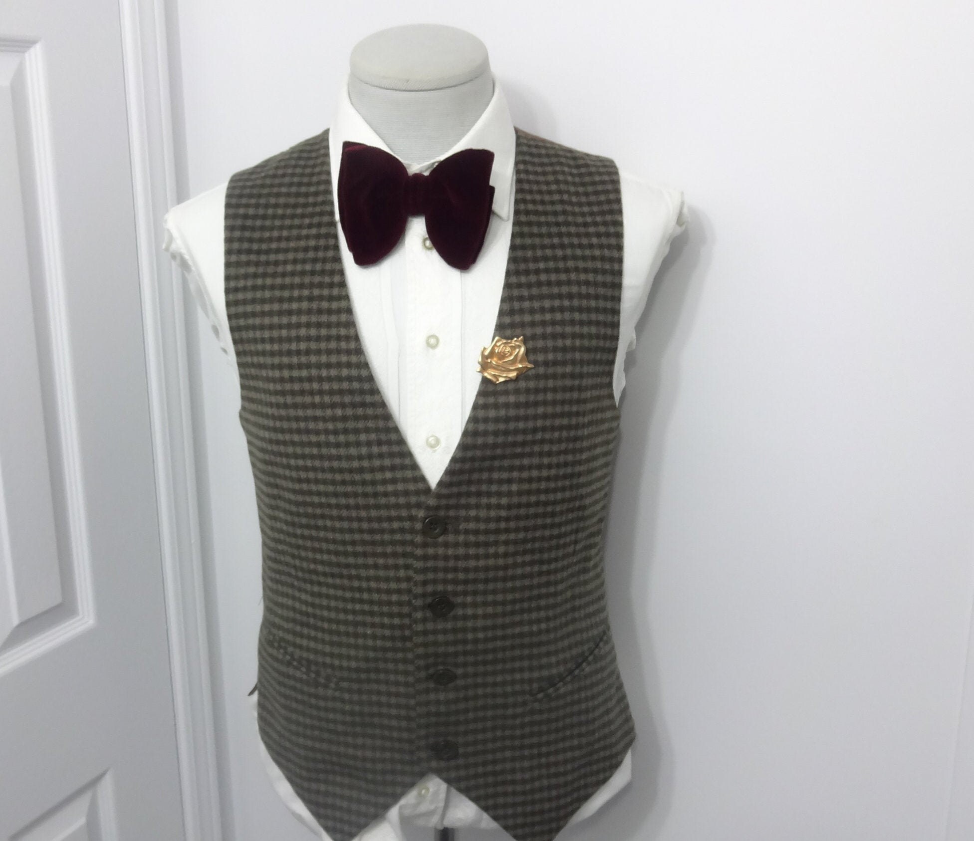1970s Edwardian Olive Green Wool and Cashmere Checkers Vest Waistcoat ...