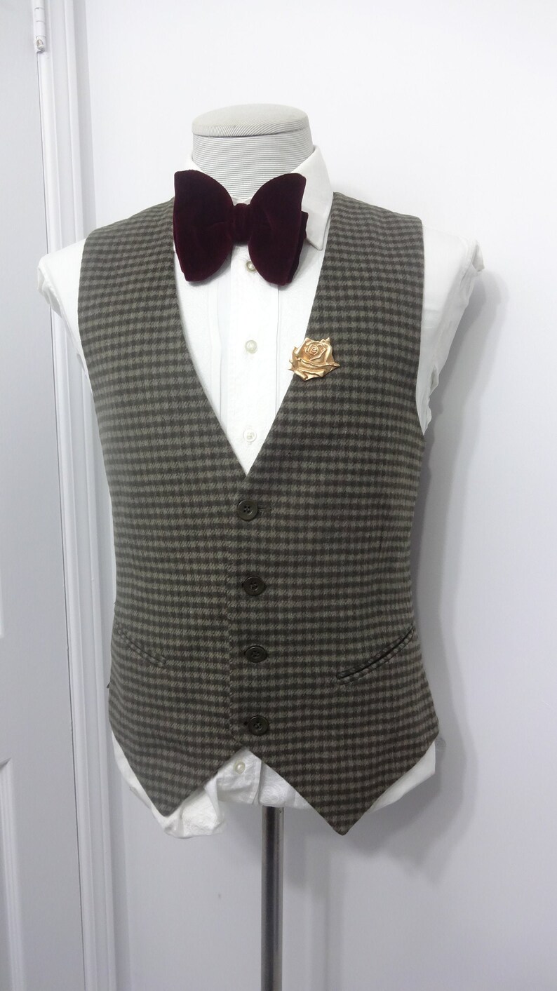 1970s Edwardian Olive Green Wool and Cashmere Checkers Vest Waistcoat ...