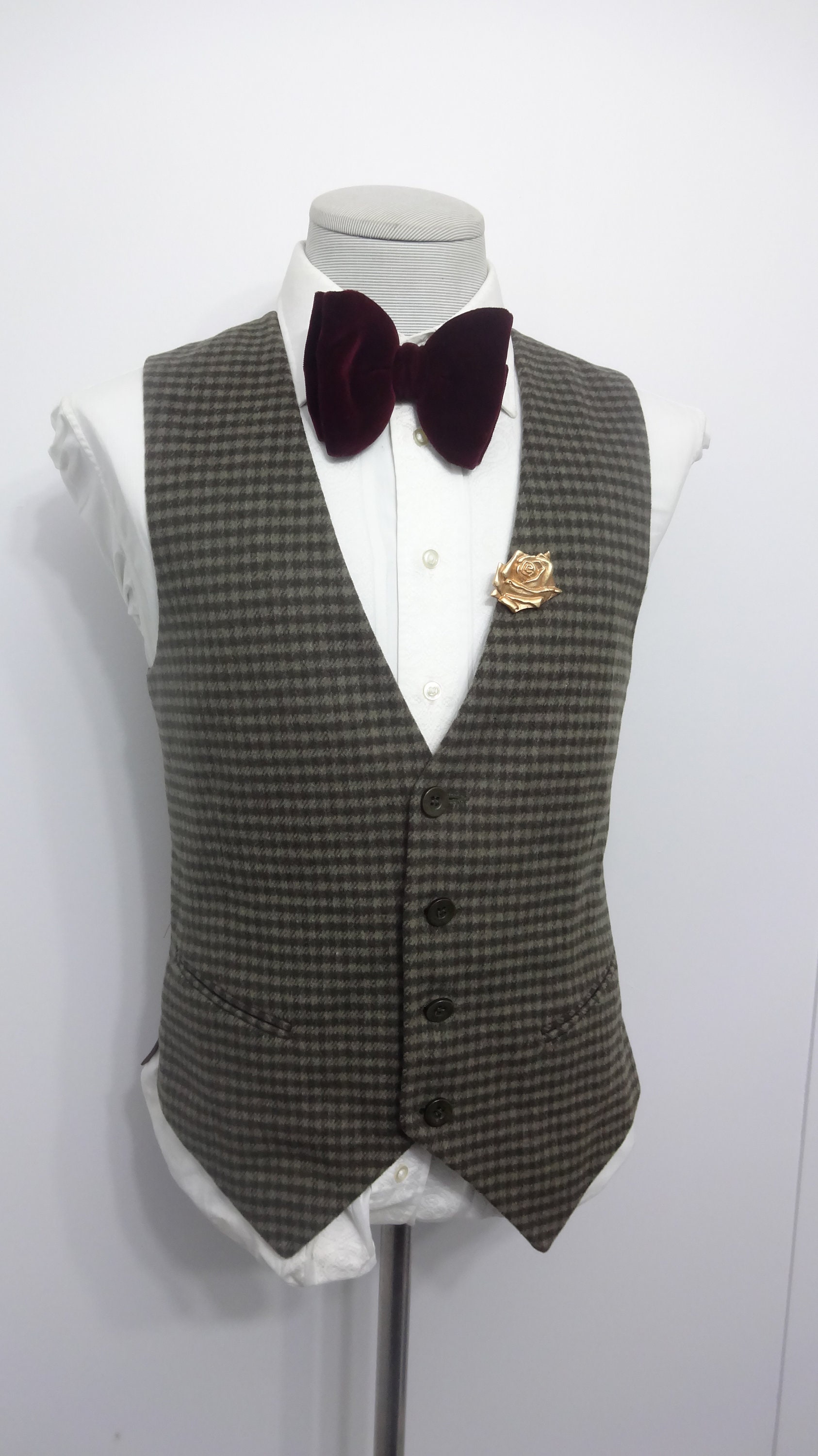 1970s Edwardian Olive Green Wool and Cashmere Checkers Vest Waistcoat ...