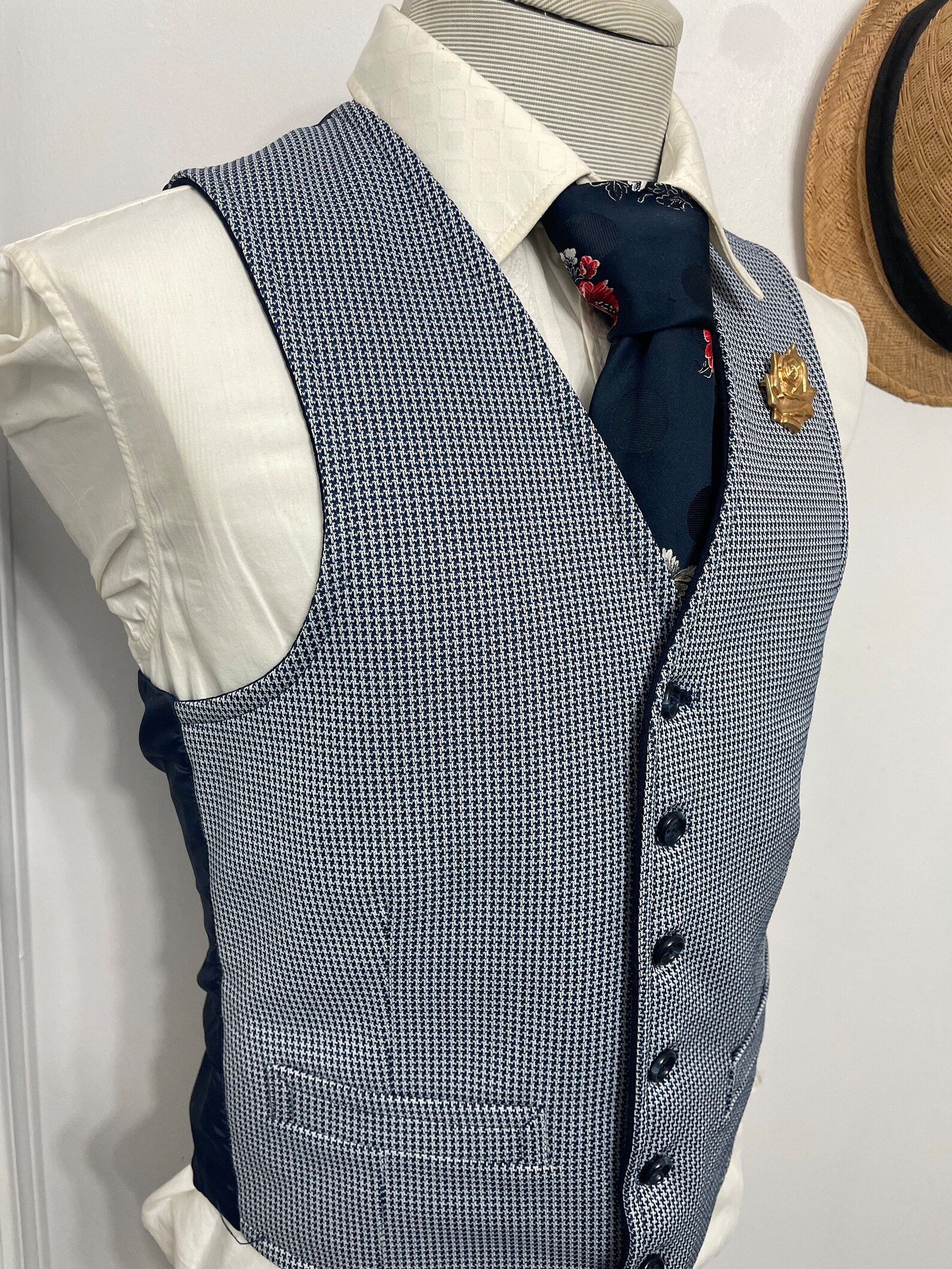Rare Vintage Reversible Blue Wool Houndtooth Plain Wool Vest Mens Suit ...