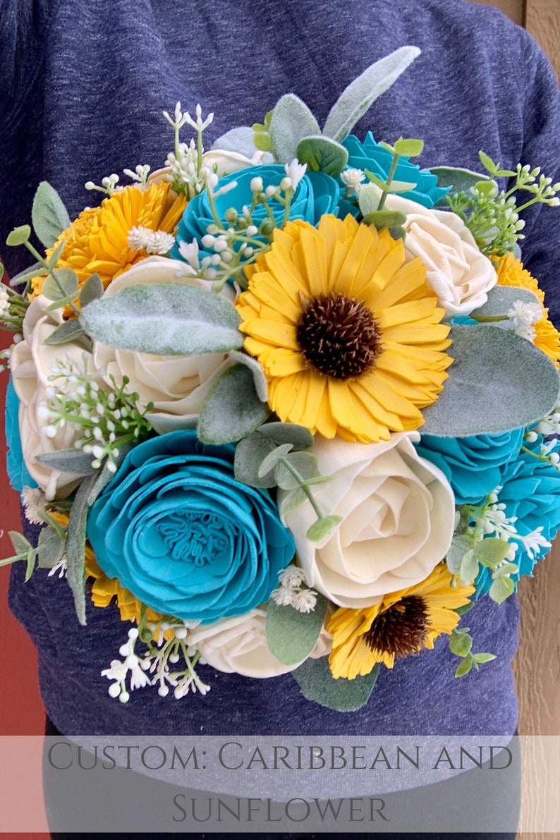 Wood Flower Sunflower with Dusty & Slate Blue Wedding Bouquet | Etsy
