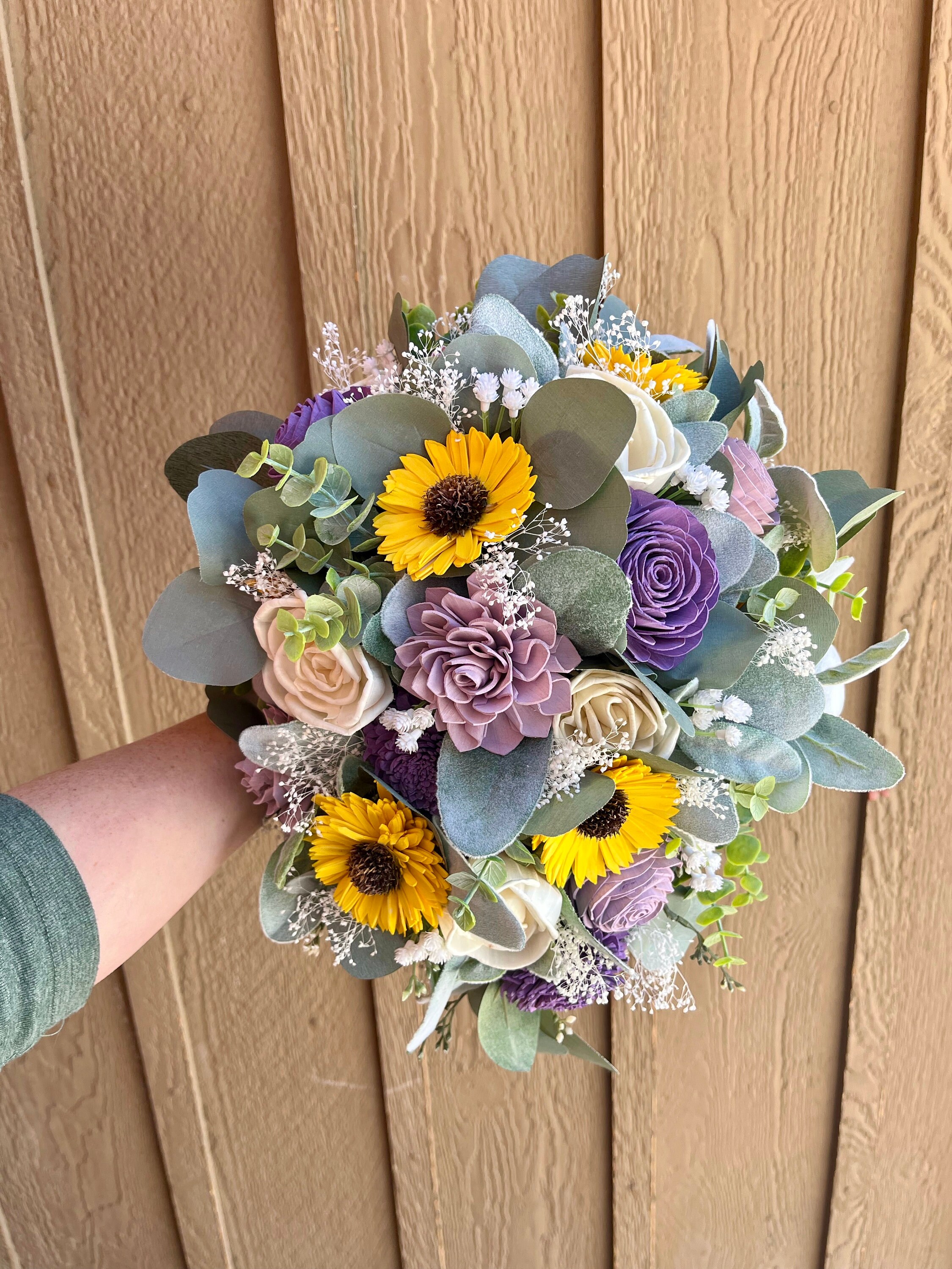 Eucalyptus and Babys Breath Bouquet With Sunflowers / Wood - Etsy