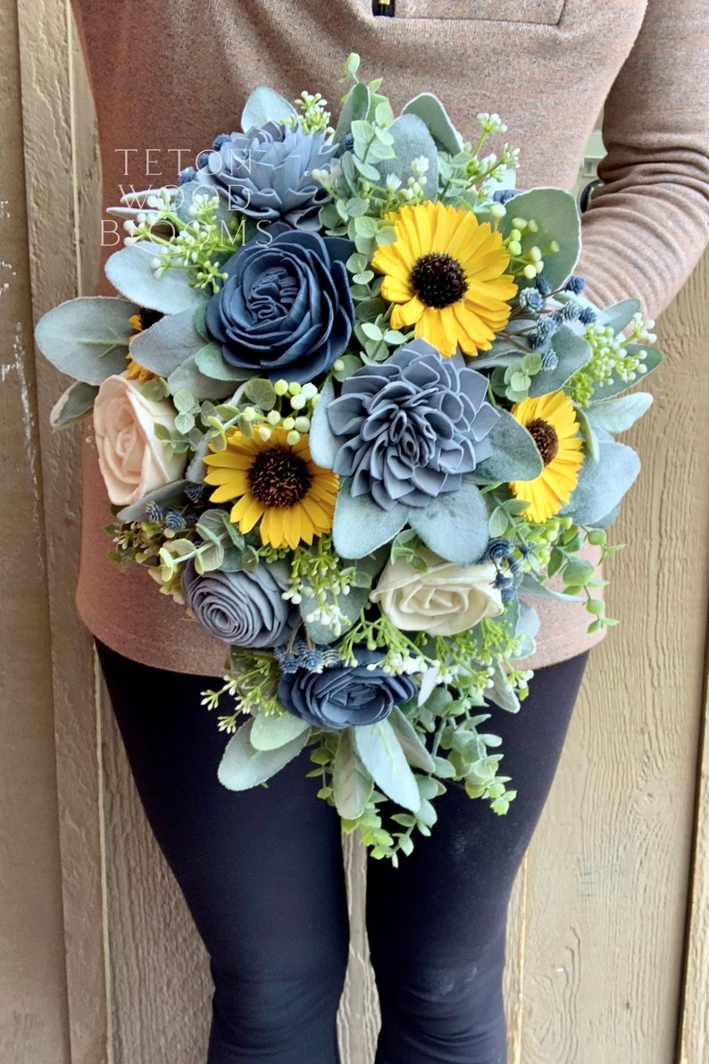 Wood Flower Sunflower With Dusty & Slate Blue Wedding Bouquet - Etsy