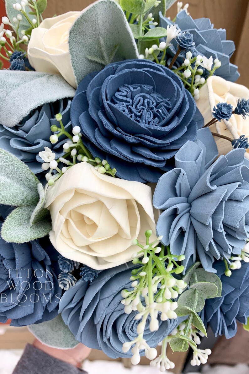 Wood Flower Dusty & Slate Blue Wedding Bouquet / Rustic Bridal | Etsy