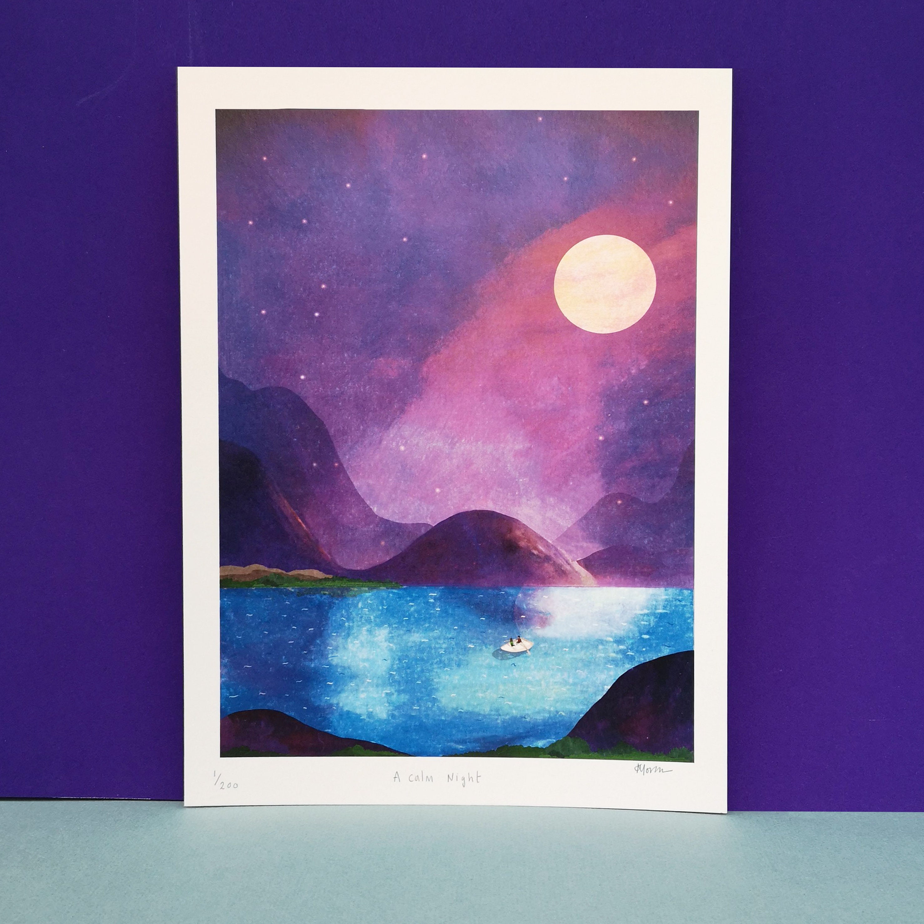 A4 A Calm Night Illustrated Digital Print, Night Time Print, Sea Art ...