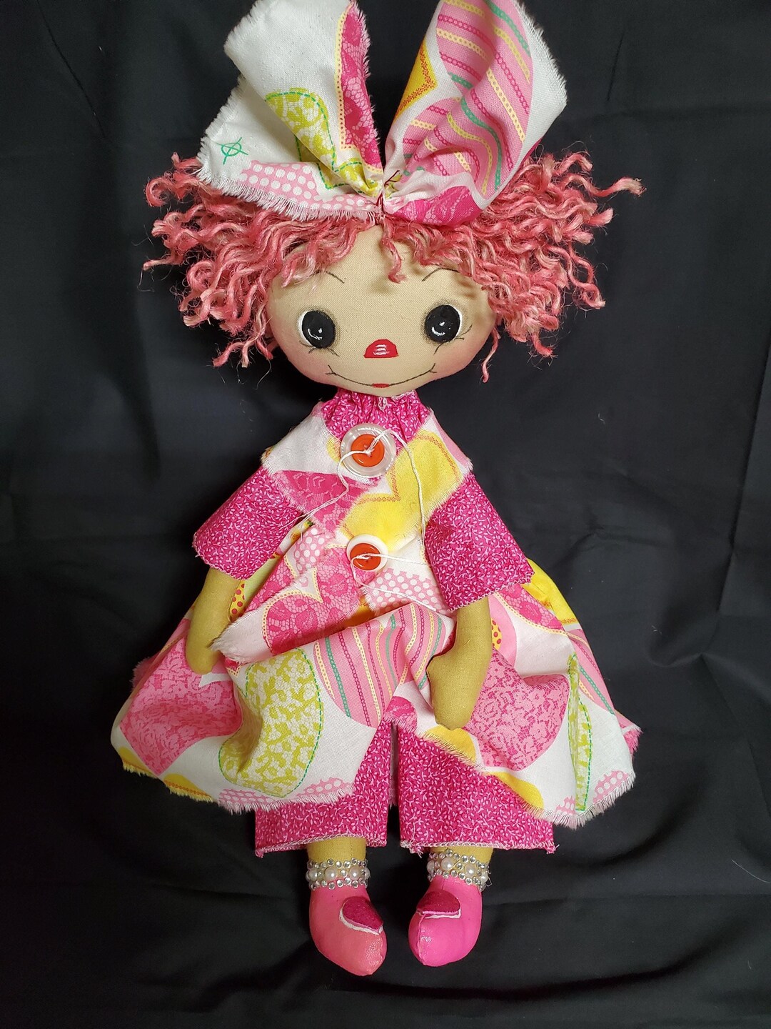 Raggedy Ann Easter Doll Pink and White Dress, Yarn Hair With Bow ...