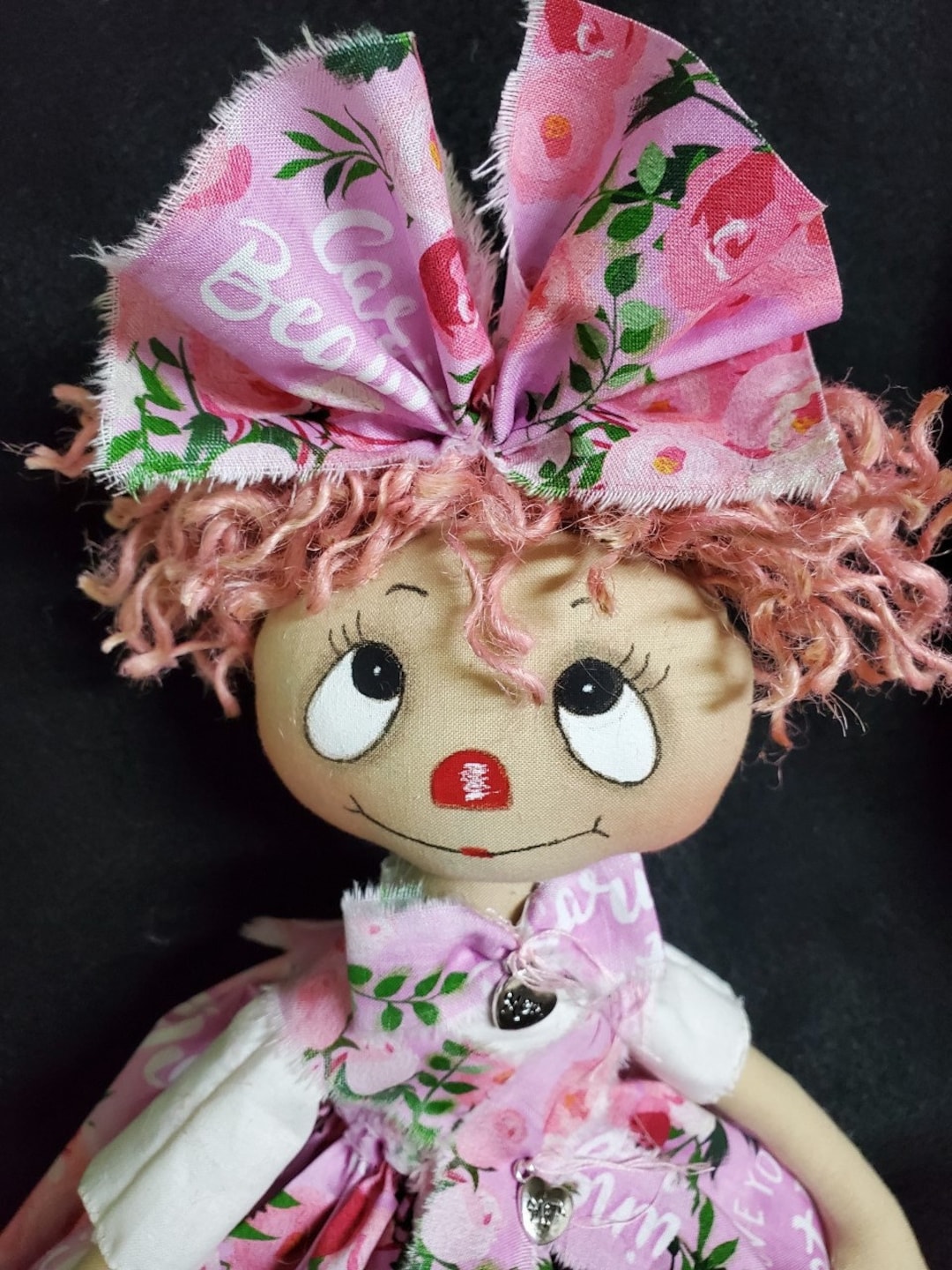 Handmade Raggedy Ann Doll: Pink Floral Dress, Silver Charms ...