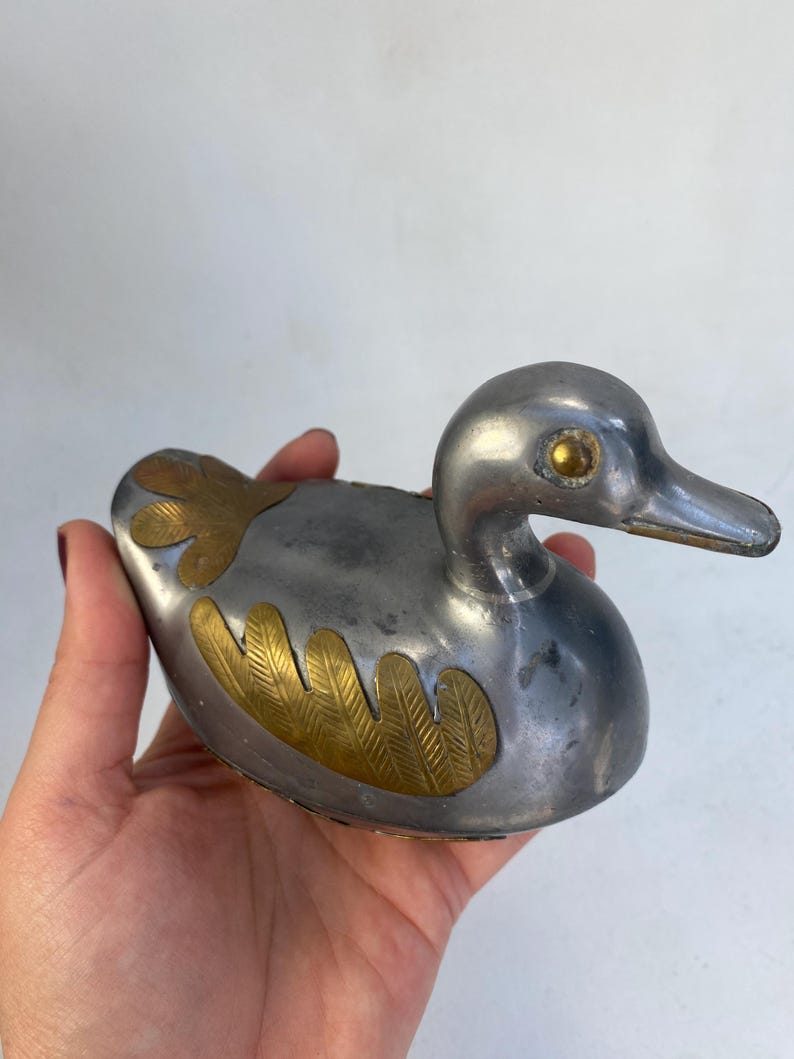 Vintage Duck Lidded Dish, Pewter With Brass Feather Texture - Etsy