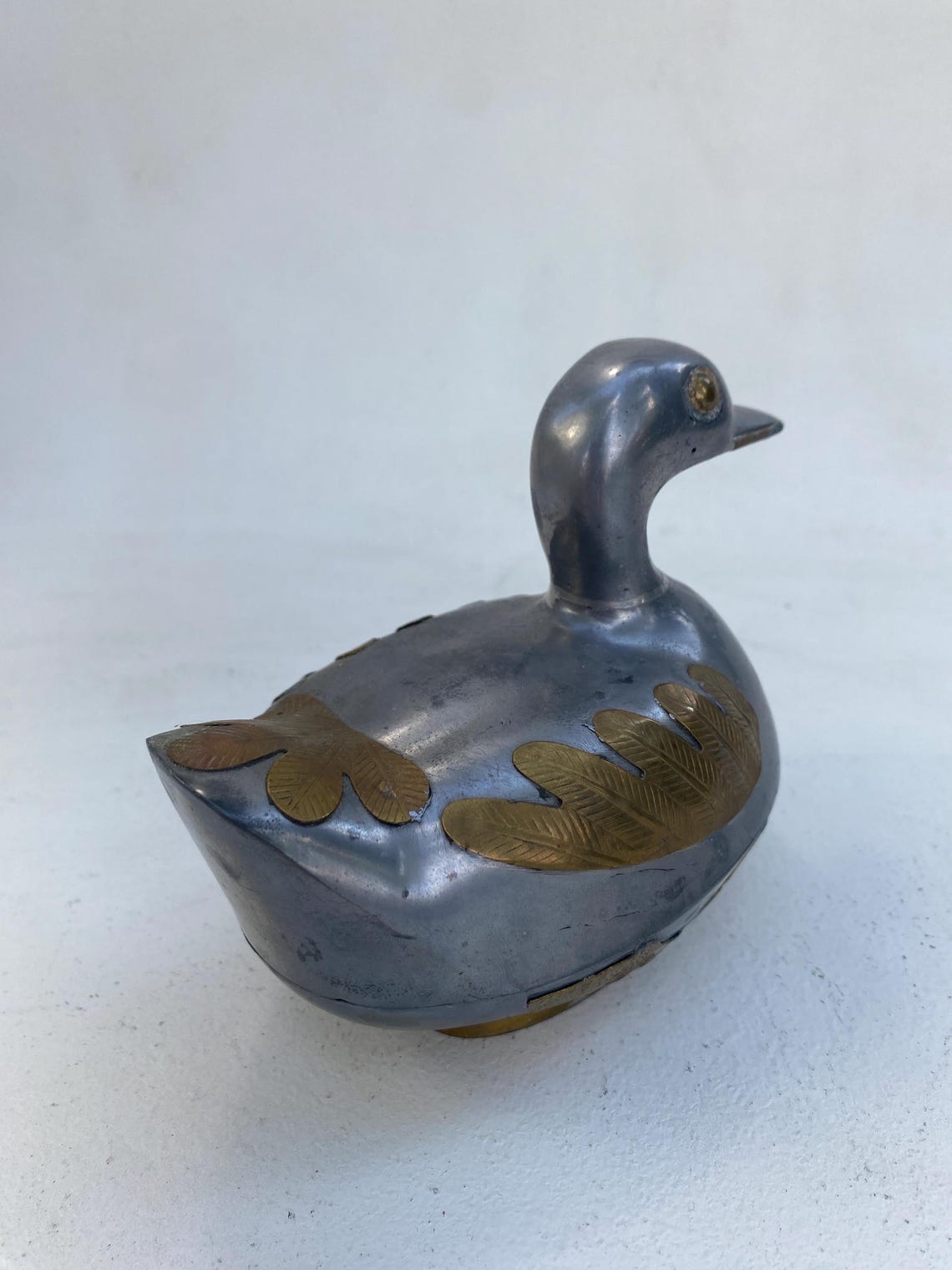 Vintage Duck Lidded Dish, Pewter With Brass Feather Texture - Etsy