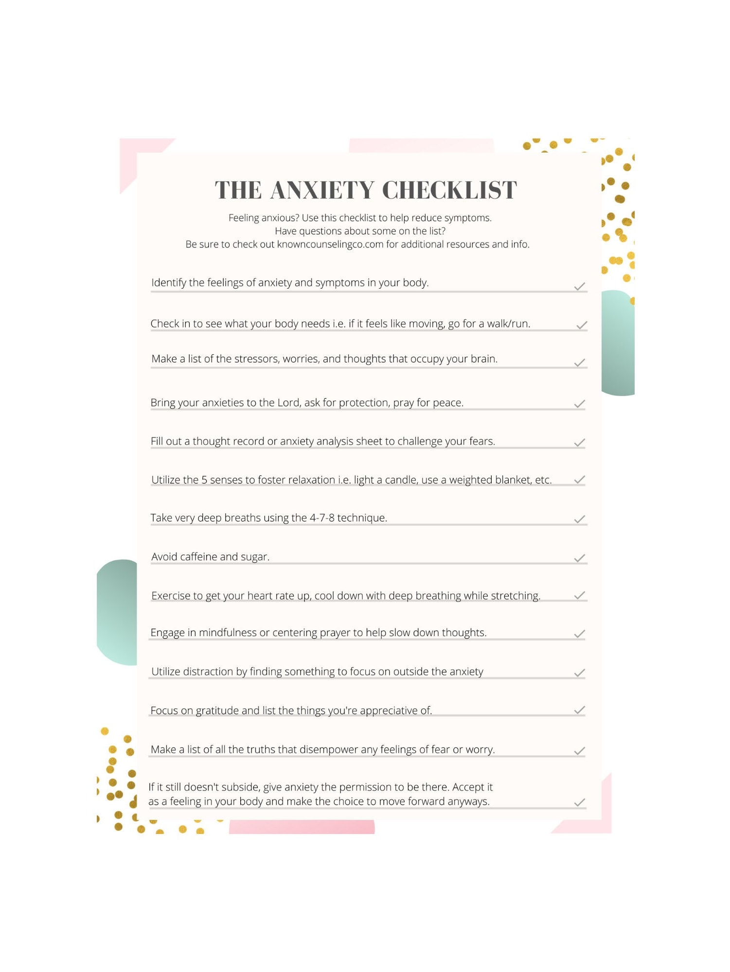 Anxiety Checklist: Mental Health, Anxiety, Wellness, CBT, Downloadable ...