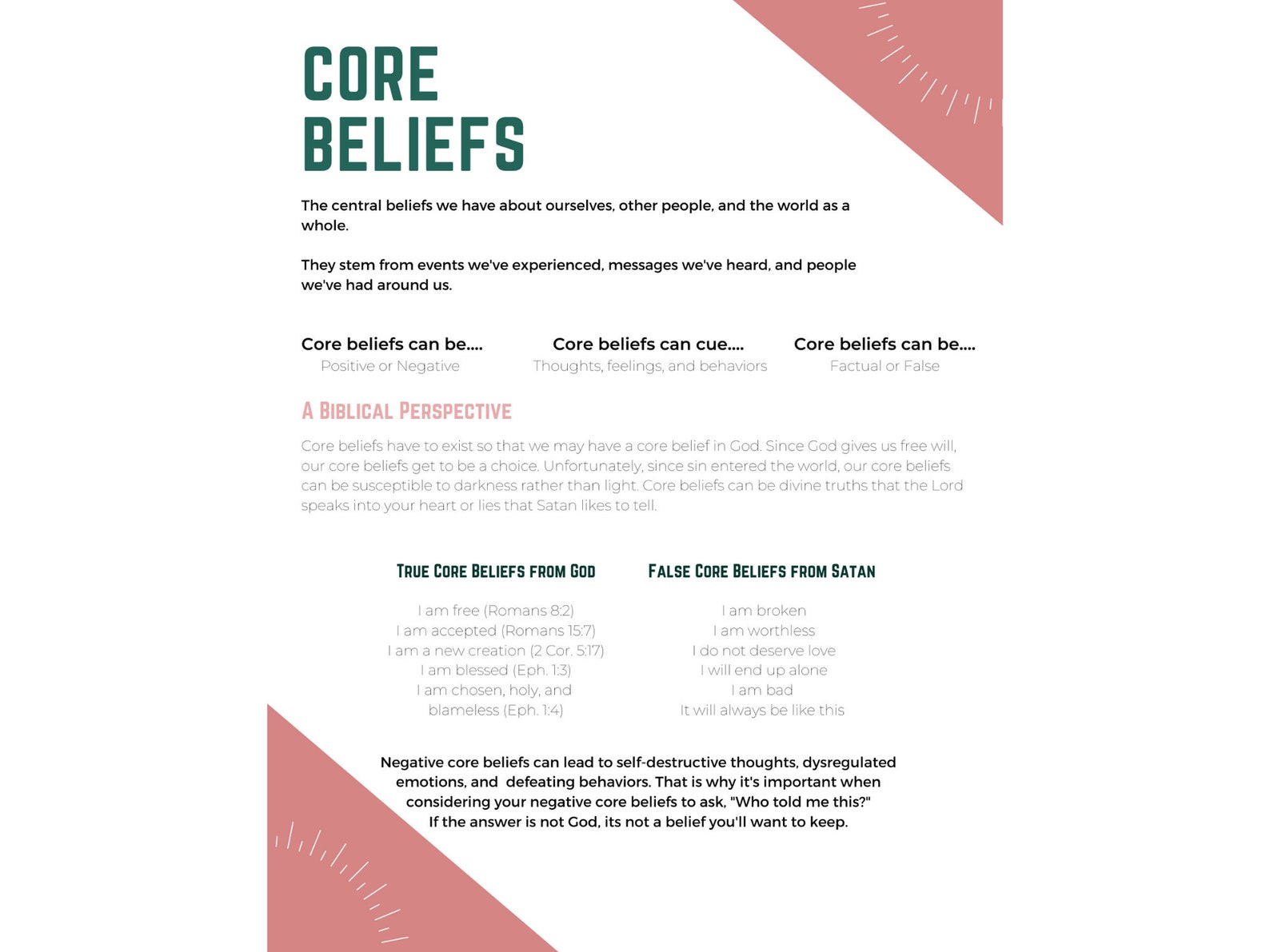 Christian Core Belief Worksheet: Self-esteem, Negativity, Anxiety ...