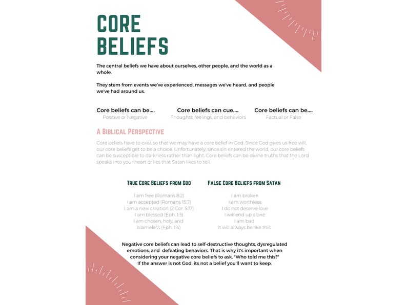 Christian Core Belief Worksheet: Self-esteem, Negativity, Anxiety ...