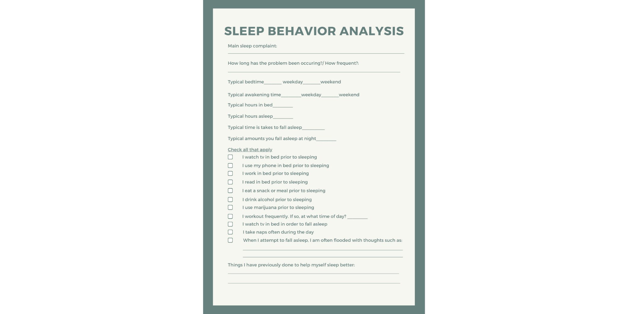 Insomnia Worksheets: Poor Sleep, Sleep Analysis, Sleep Checklist, Sleep ...
