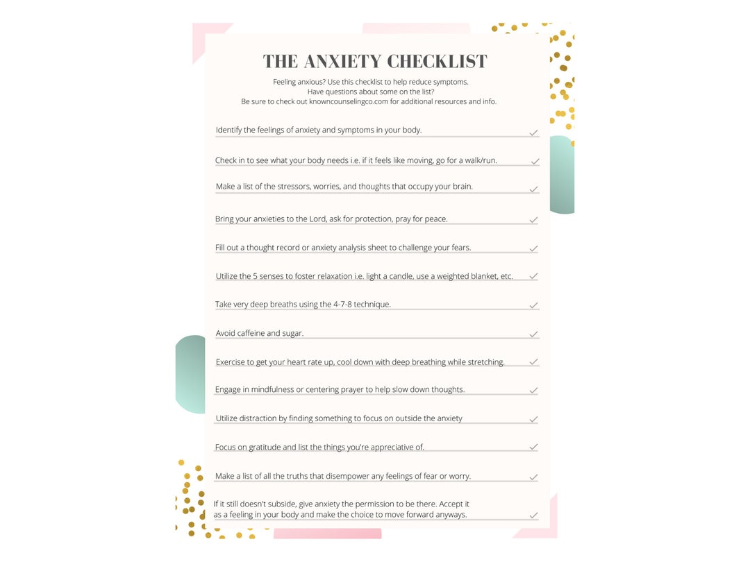 Anxiety Checklist: Mental Health, Anxiety, Wellness, CBT, Downloadable ...