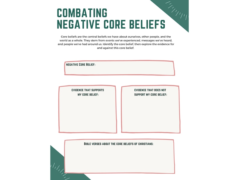 Christian Core Belief Worksheet: Self-esteem, Negativity, Anxiety ...