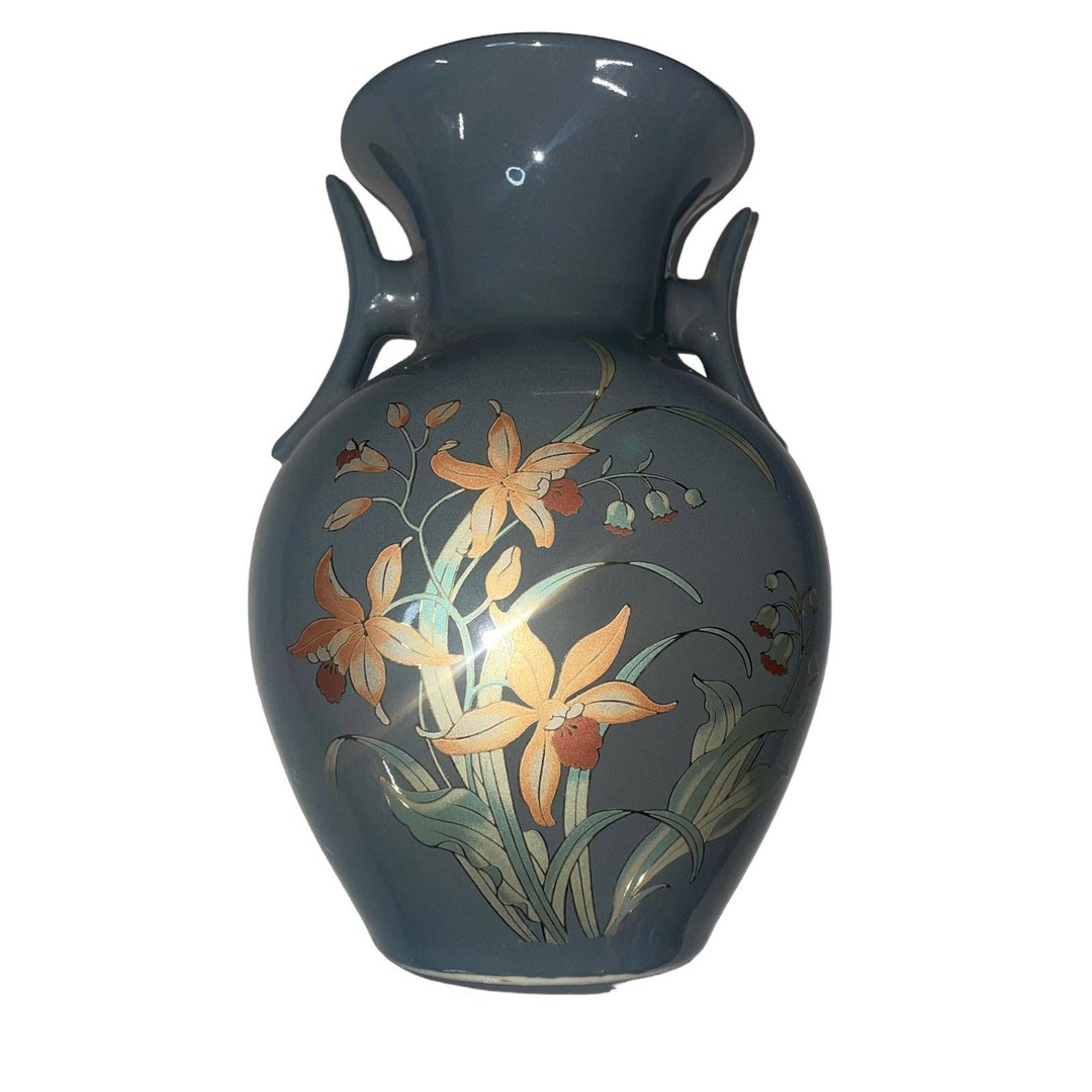 Vintage Shaddy Japan Large Gray Vase Orange Cattleya Orchids Flowers ...