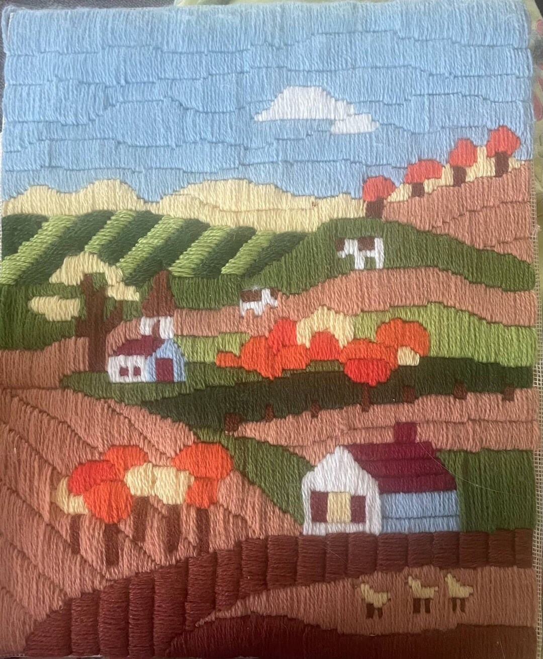 Vintage 1980s Crewel Longstitch Needlepoint Primitive Scene - Etsy