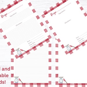 Red/white Gingham Editable Recipe Card, Recipe Card Template, Printable ...