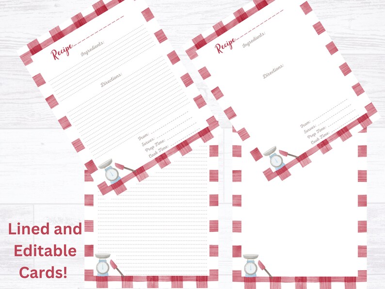 Red/white Gingham Editable Recipe Card, Recipe Card Template, Printable ...