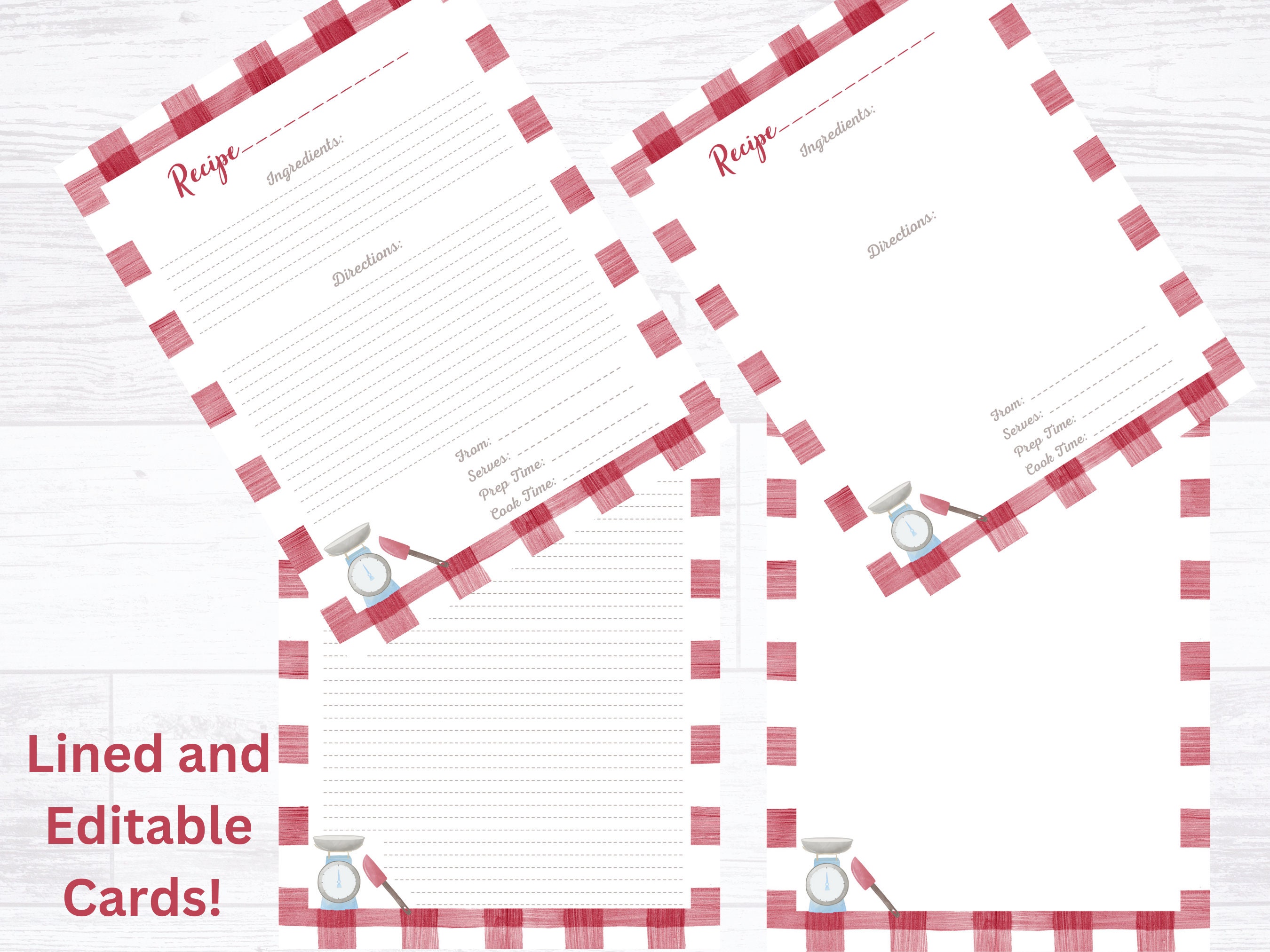 Red/white Gingham Editable Recipe Card, Recipe Card Template, Printable ...