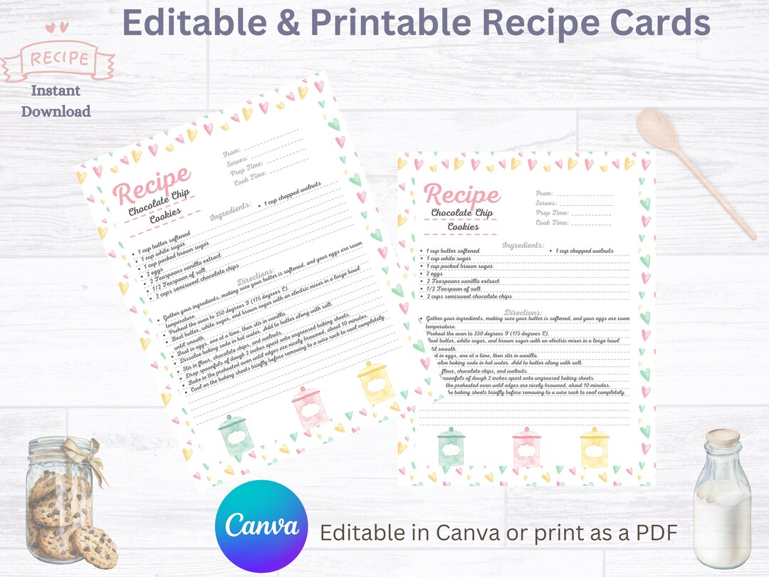 Pink/yellow Hearts Editable Recipe Card, Recipe Card Template ...