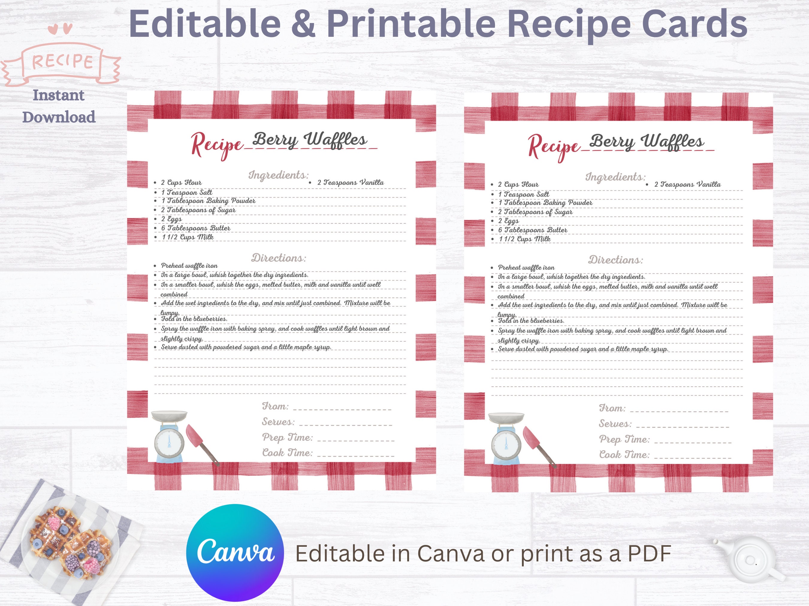 Red/white Gingham Editable Recipe Card, Recipe Card Template, Printable ...