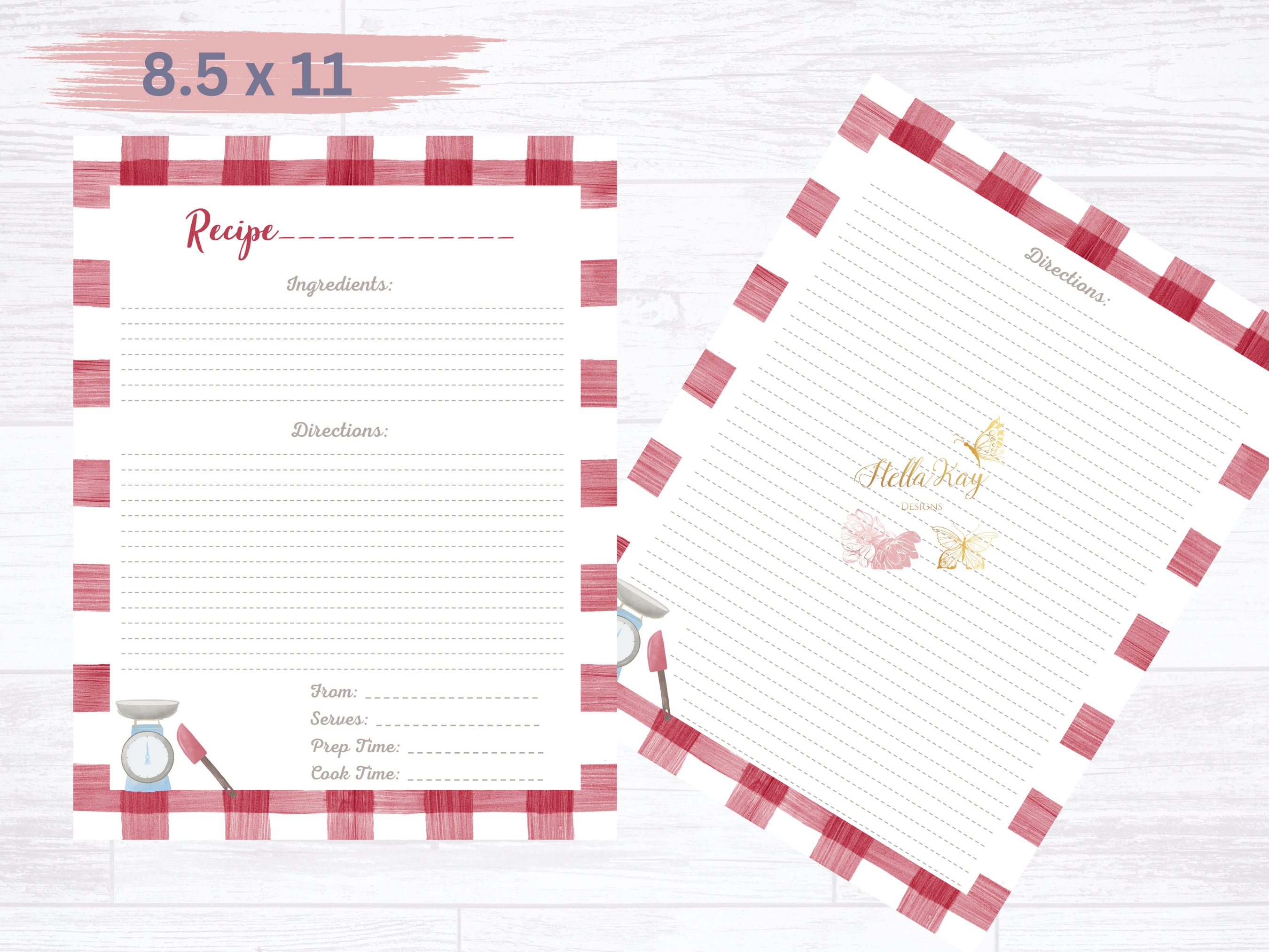 Red/white Gingham Editable Recipe Card, Recipe Card Template, Printable ...