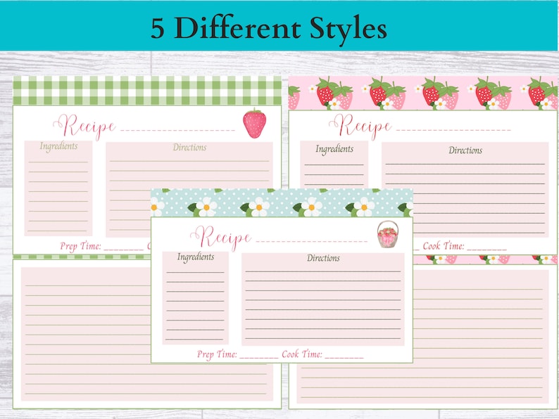 Strawberries Bundle Editable Recipe Cards, 5 Designs, Printable Recipe ...