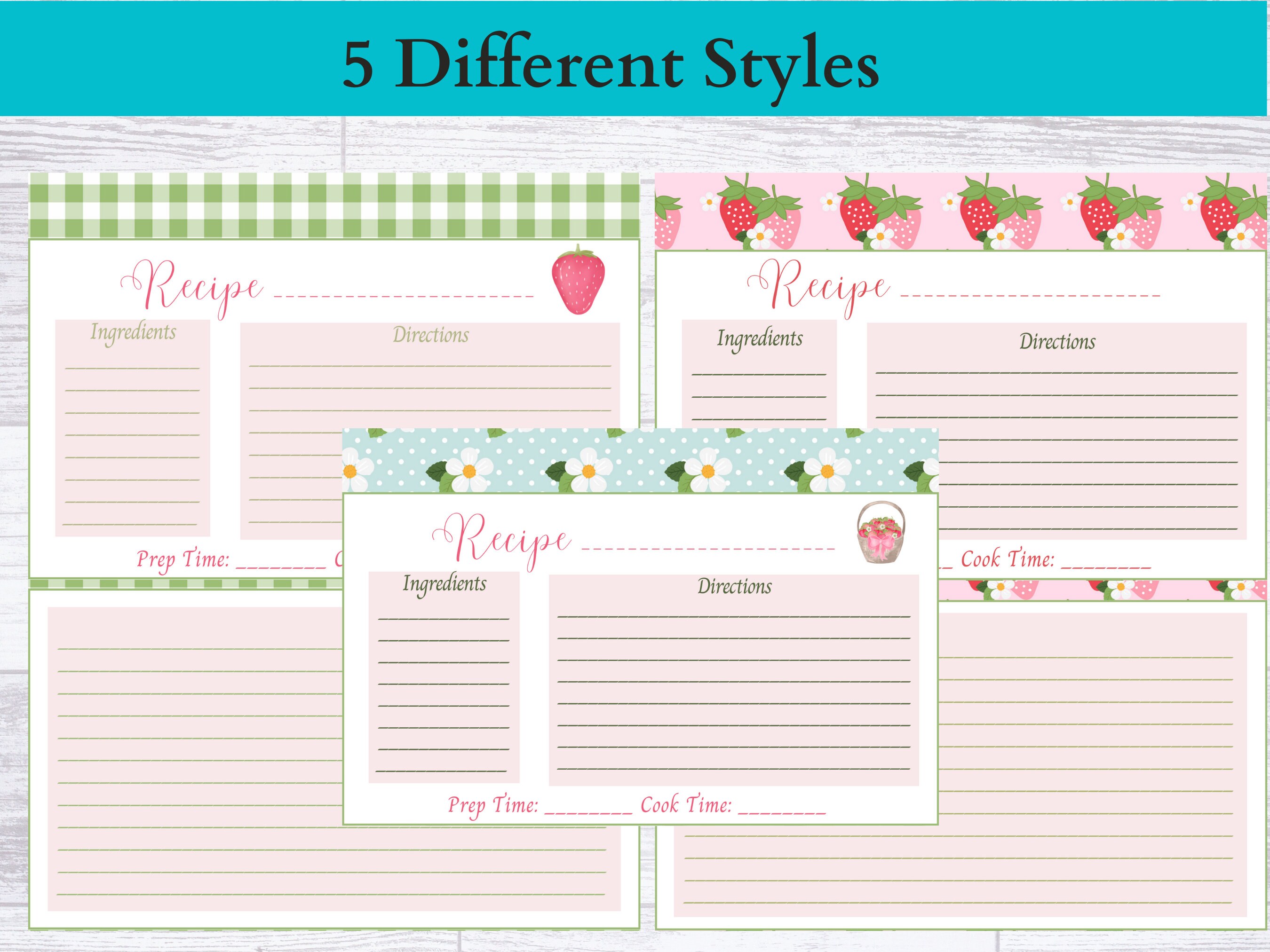 Strawberries Bundle Editable Recipe Cards, 5 Designs, Printable Recipe ...