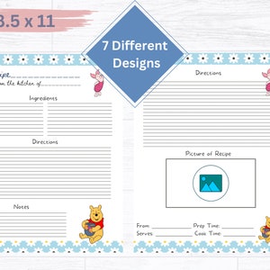 Winnie the Pooh Kids Bundle Editable Recipe Card, Printable Recipe Card ...