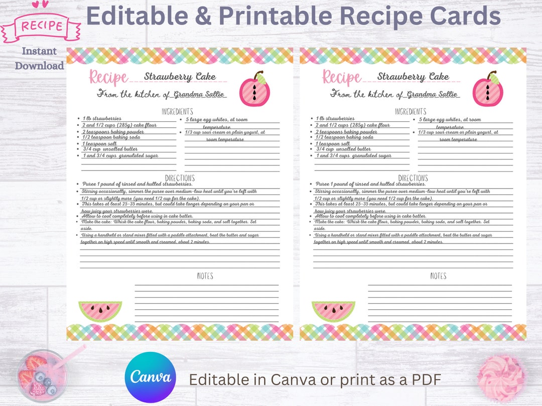 Watermelon/apples Editable Recipe Card, Rainbow Borders, Printable ...