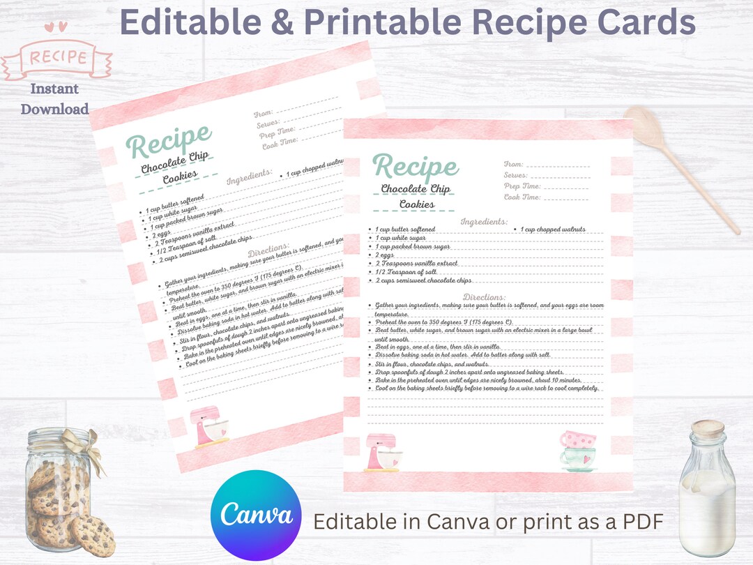 Pink/white Stripes Editable Recipe Card, Recipe Card Template ...