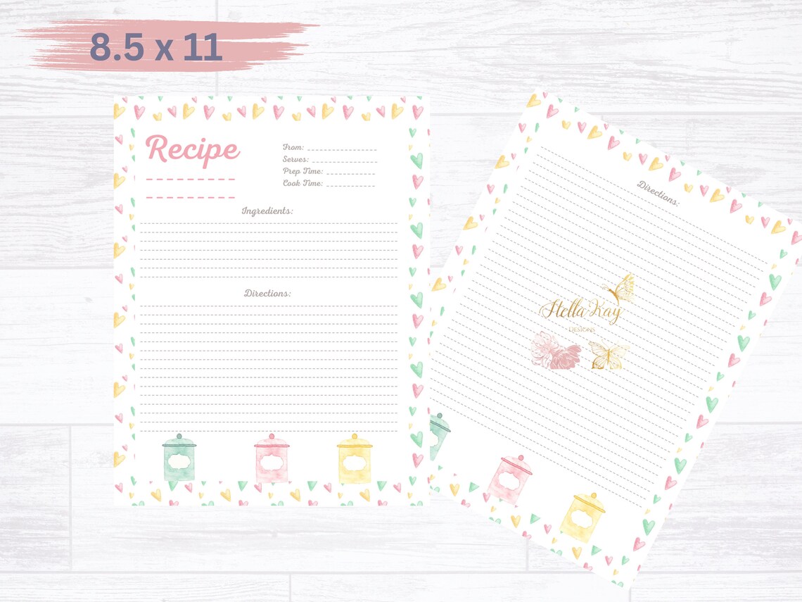 Pink/yellow Hearts Editable Recipe Card, Recipe Card Template ...