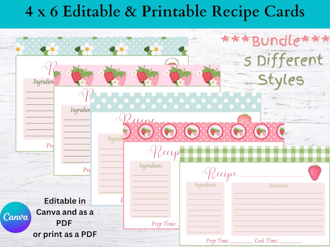 Strawberries Bundle Editable Recipe Cards, 5 Designs, Printable Recipe ...