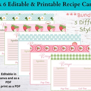 Strawberries Bundle Editable Recipe Cards, 5 Designs, Printable Recipe ...