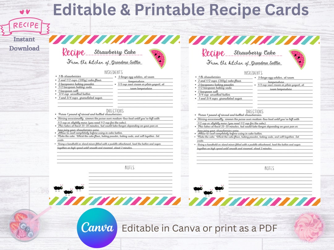 Watermelon Picnic Editable Recipe Card, Pink,recipe Card Template ...