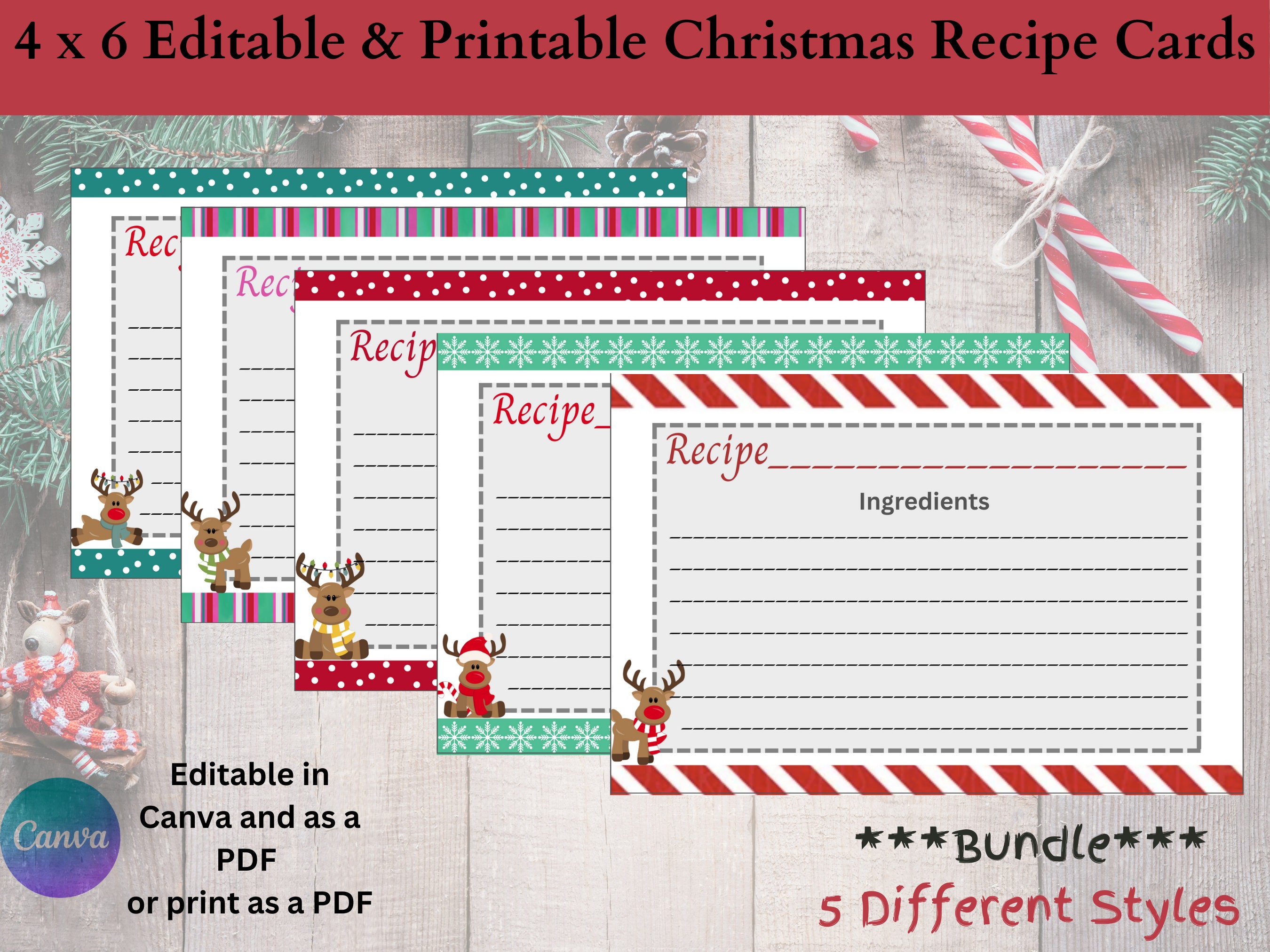 Editable Christmas Recipe Card, Reindeer Recipe Card, Holiday Recipe ...