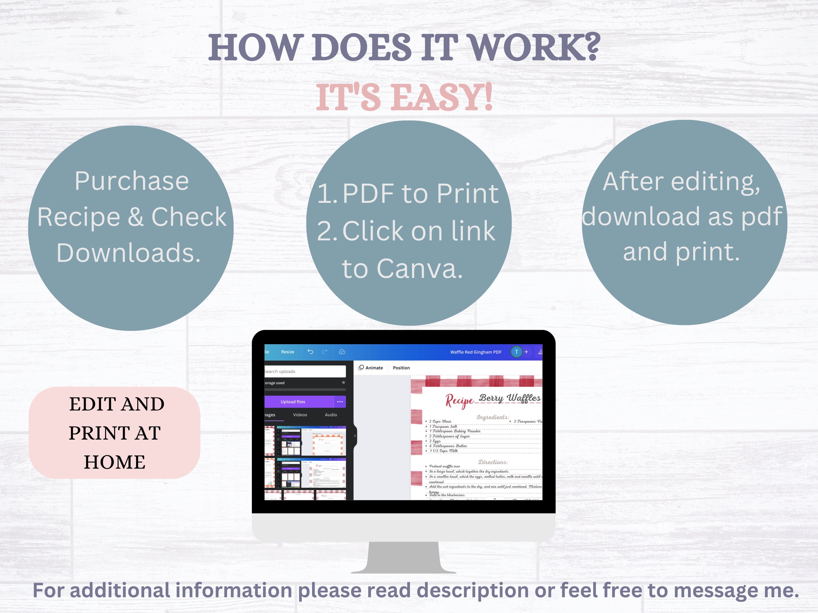 Red/white Gingham Editable Recipe Card, Recipe Card Template, Printable ...