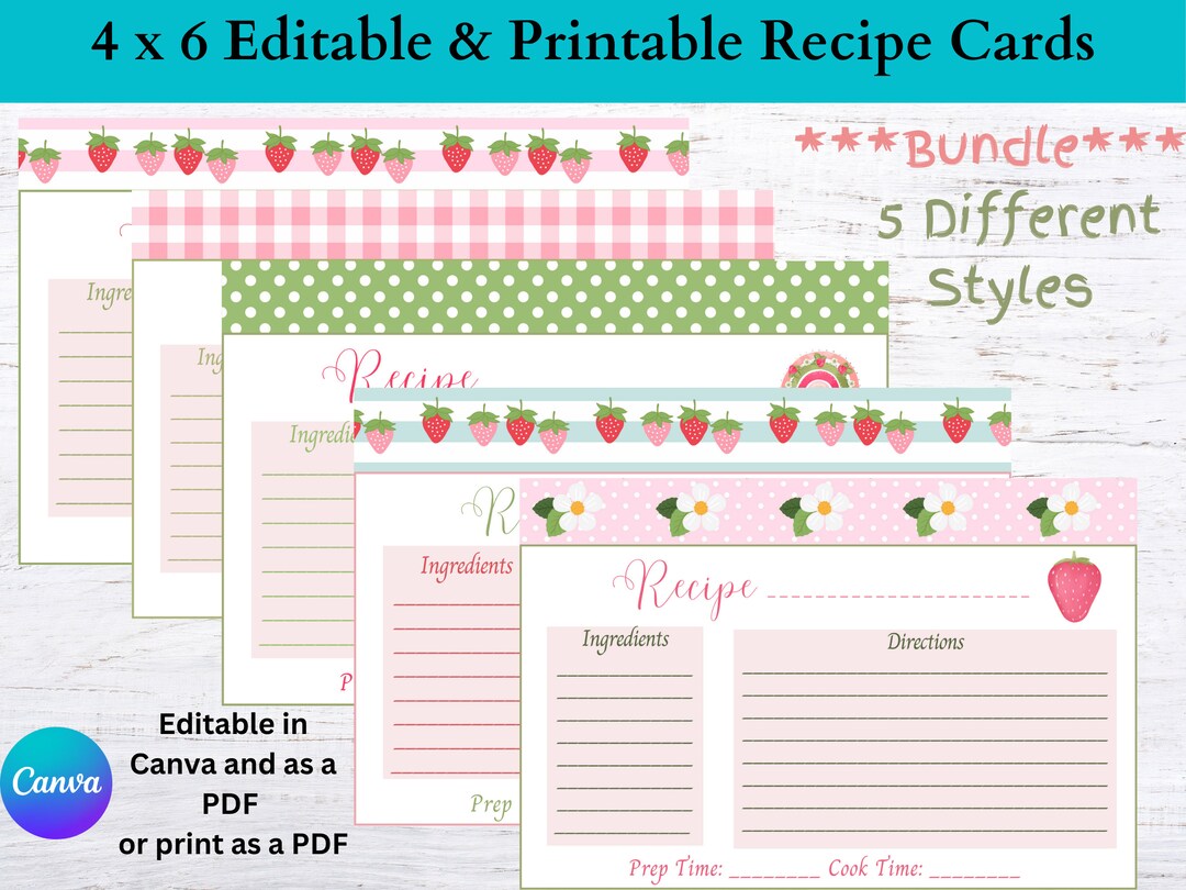 Strawberries Bundle 2 Editable Recipe Cards, 5 Designs, Printable ...