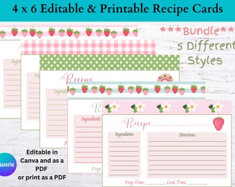 Strawberries Bundle Editable Recipe Cards, 5 Designs, Printable Recipe ...