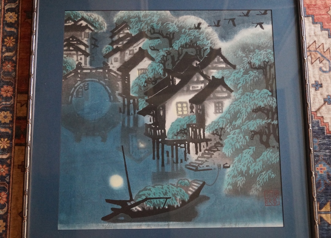 1980s Japanese Woodblock Print Houses and Birds - Etsy