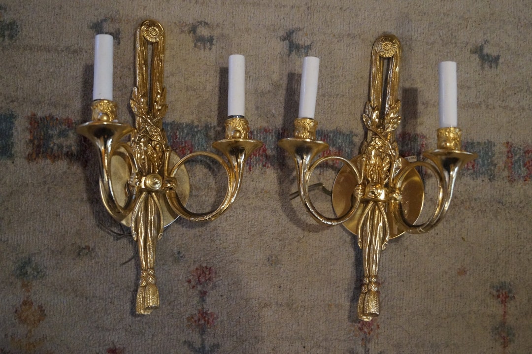 Italian Gilt Sconce Pair, Vintage Gold Italian Trumpet Sconce Light ...
